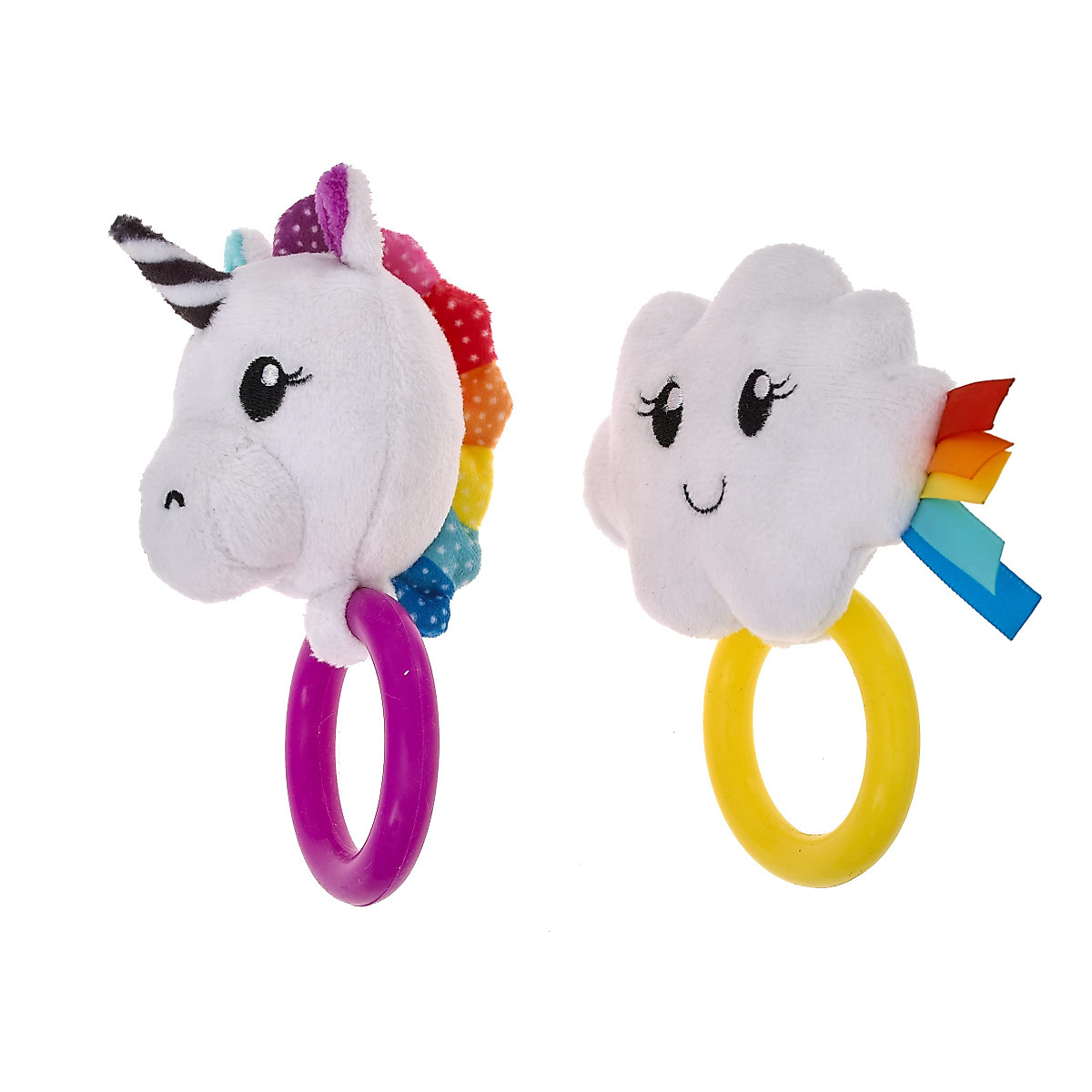 NoJo Sassy Baby Ulbright Unicorn and Cloud Multi-Colored Developmental Plush Teether Rings Two Pack with Rattle and Chime