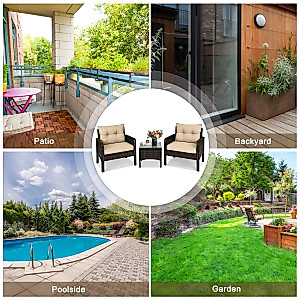 DORTALA 3 Piece Patio Furniture Set, Outdoor Rattan Wicker Conversation Set with Cushions, Glass Top Coffee Table for Garden Balcony Poolside, Brown