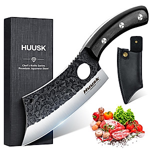 Huusk Knives Japan, Hand Forged Meat Cleaver Knife with Sheath, High Carbon Steel Kitchen Knife for Meat and Vegetables, Full Tang Butcher Knife for Camping, BBQ, Gift for Men Women