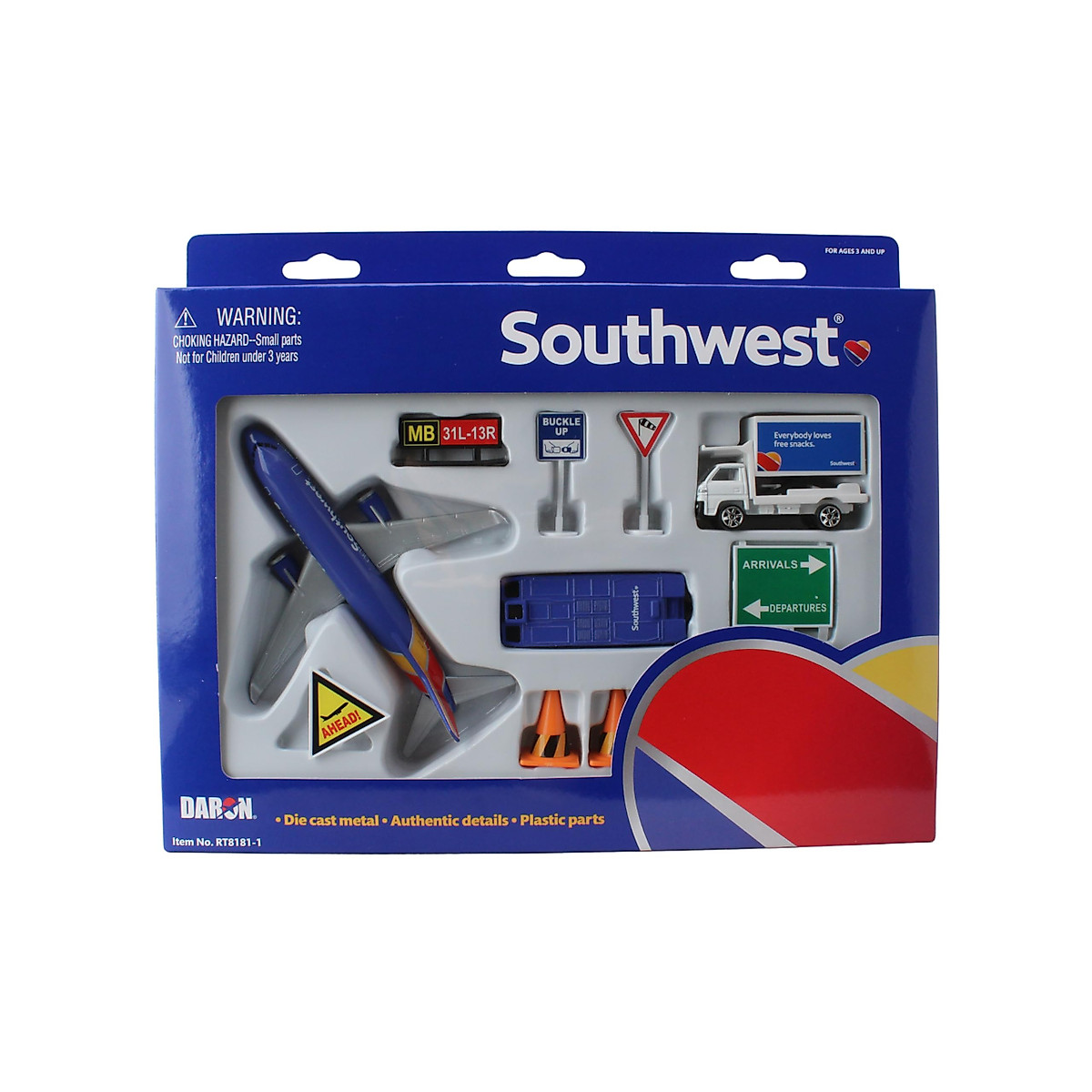 Daron Southwest Airlines Airport Playset with Die-Cast Metal Model Airplane with Plastic Parts, Cars and Transportation Toys for Kids Ages 3+