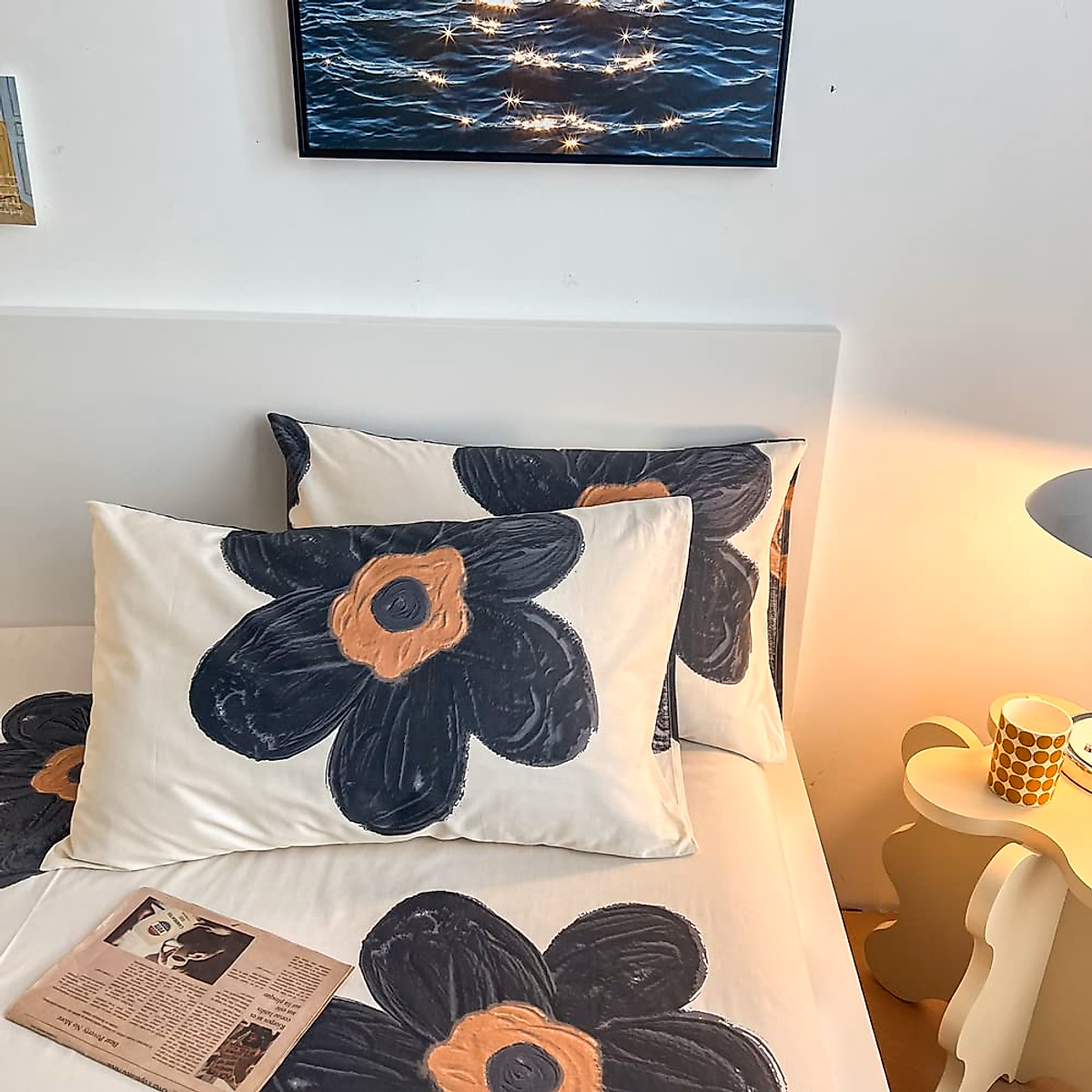 BlueBlue Flower Kids Duvet Cover Set, 100% Cotton Bedding for Boys Girls Teens, Cartoon Cute Dark Gray Black Floral Pattern on Cream White, 1 Full Comforter Cover 2 Pillow Shams (Queen)