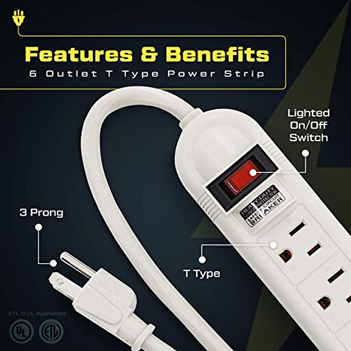 6 Outlet Power Strip T-Type - 90 Joules Surge Protector, 14 AWG x 3C, 15 Amp Shock Proof, 3 Prong, White - by Revpex