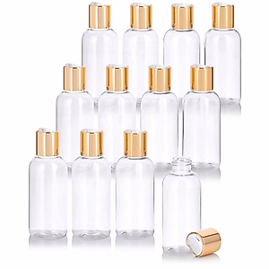 JUVITUS 4 oz / 120 ml Clear Plastic PET Boston Round Bottle with Gold Disc Cap (12 pack)