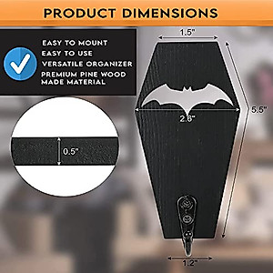Ella & Emma Wall Mounted Mini Coffin Bat Decor Key Holder, Gothic House Decor, Can Be Used as a Towel, Mug Holder, Gothic Room Decor, Wood Key Hook, Key Hanger, Hanging Wooden Hooks (Pack of 2)