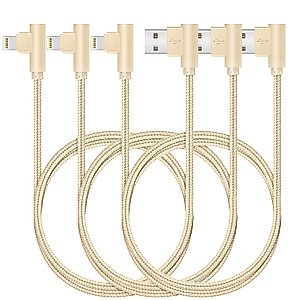 3 Pack Apple MFi Certified iPhone Cable Right Angle Lightning Cable (3/3/3FT) Nylon Braided 90 Degree Charging Cord Charging Data Sync for iPhone 13/12/11/11Pro/Xs Max/X/8/7/Plus/6S/6/SE/5S iPad Gold