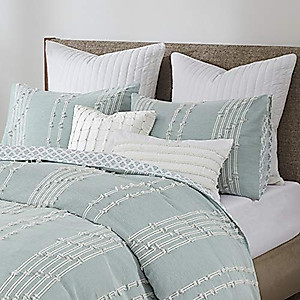 INK+IVY Kara 100% Cotton Duvet Mid Century Modern Design, All Season Comforter Cover Bedding Set, Matching Shams, King/Cal King, Jacquard Stripes Aqua 3 Piece