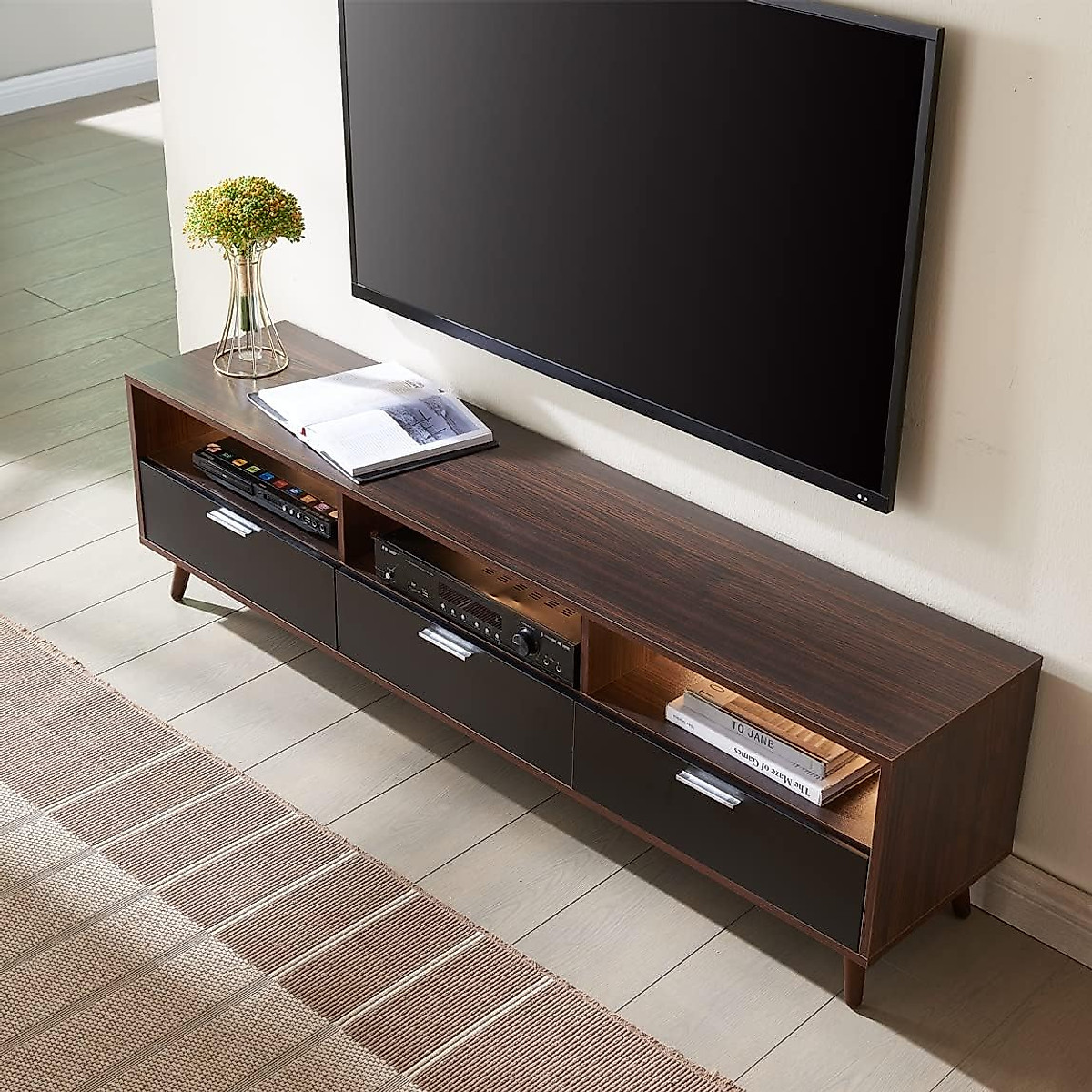 LED TV Cabinet TV Stand, 63 inch Media Console with LED Light, Entertainment Center, for TV up to 70 inch, Storage Cabinet TV Console for Living Room, Walnut Color