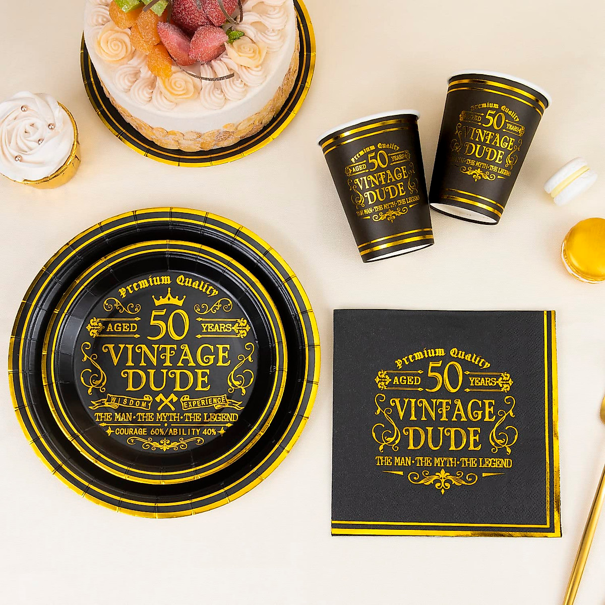 Crisky Aged 50 Years Vintage Dude Napkins Plates Cups Disposable Tableware Set of 24 for Men 50th Birthday Party Decorations Black Gold (9" Plates,7" Plates, Luncheon Napkins, 9oz Cups)