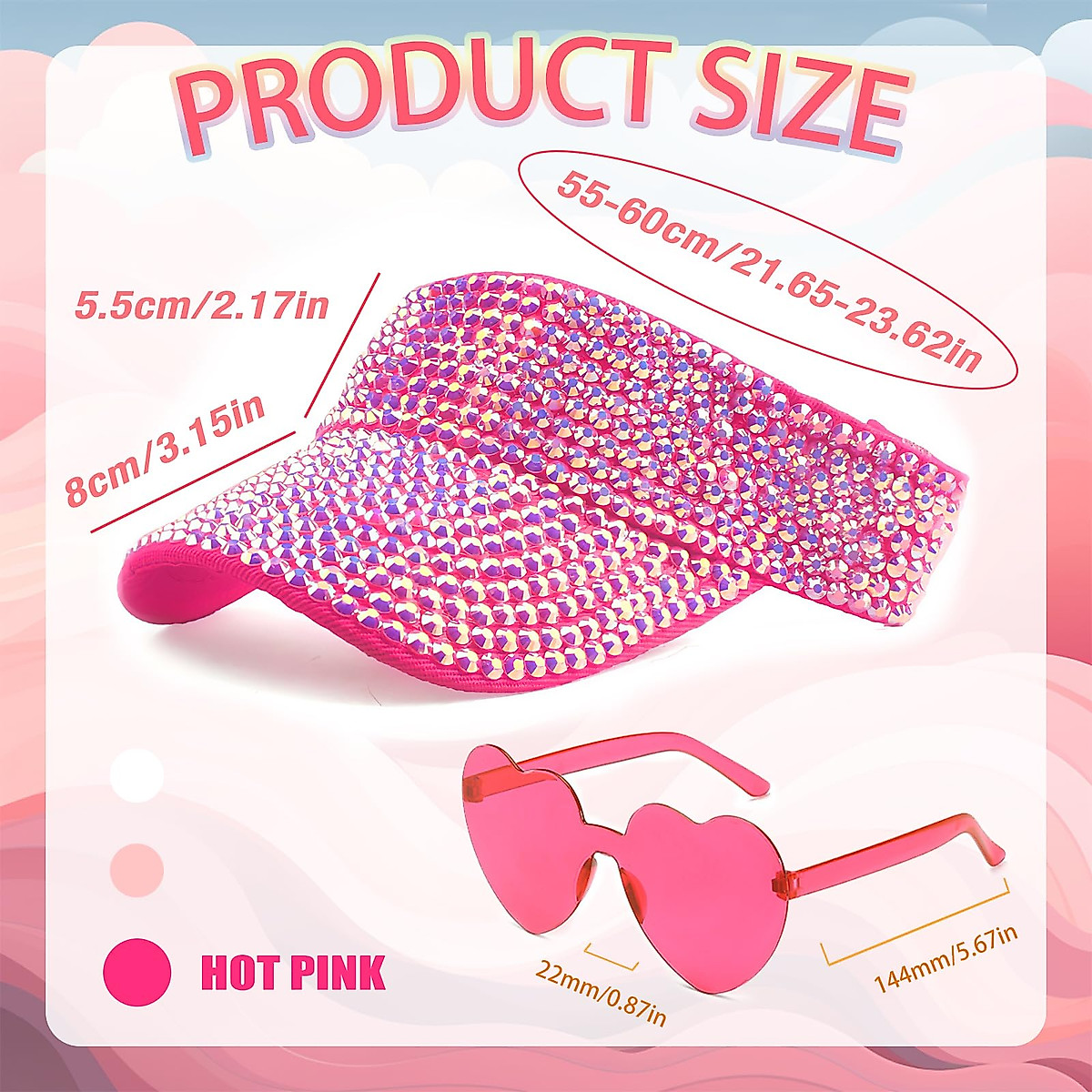 Sparkling Rhinestone Visor Hat for Women, Adjustable Sun Visor with Heart Party Sunglasses, Perfect for Golf, Disco, and Cowgirl Style (Hot Pink)