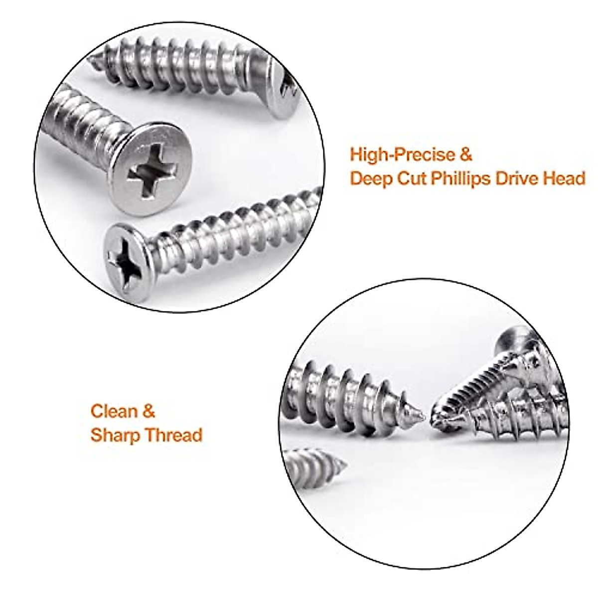 WELLOCKS Wood Screws 265 PCS 304 Stainless Steel M3/M4/M5 Self Tapping Screws Assortment Set, Flat Head Rust Proof Wood Screw Kit with Storage Box for Homemade, Repair, Woodwork Indoor Outdoor (D034)