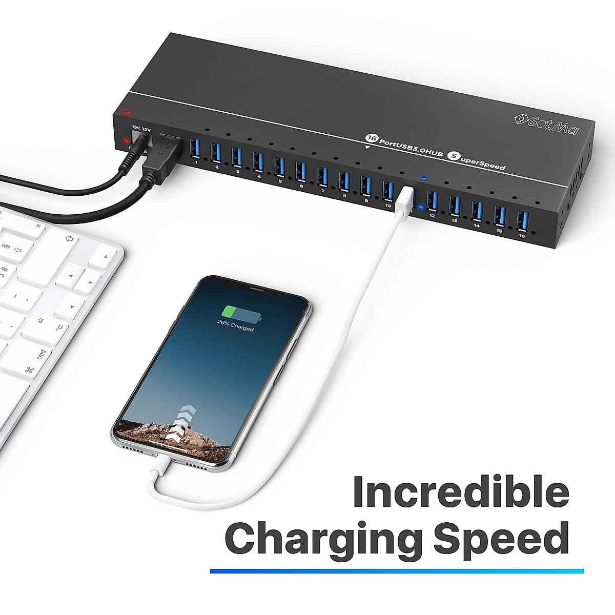 Multi-Safety Protection USB Splitter - 16 Port Powered USB Hub 3.0 with AC Adapter (12V / 10A) - Aluminium USB 3.0 Hub with LEDs - High Speed - Hub for Multiple Devices - Powered USB 3.0 Hub