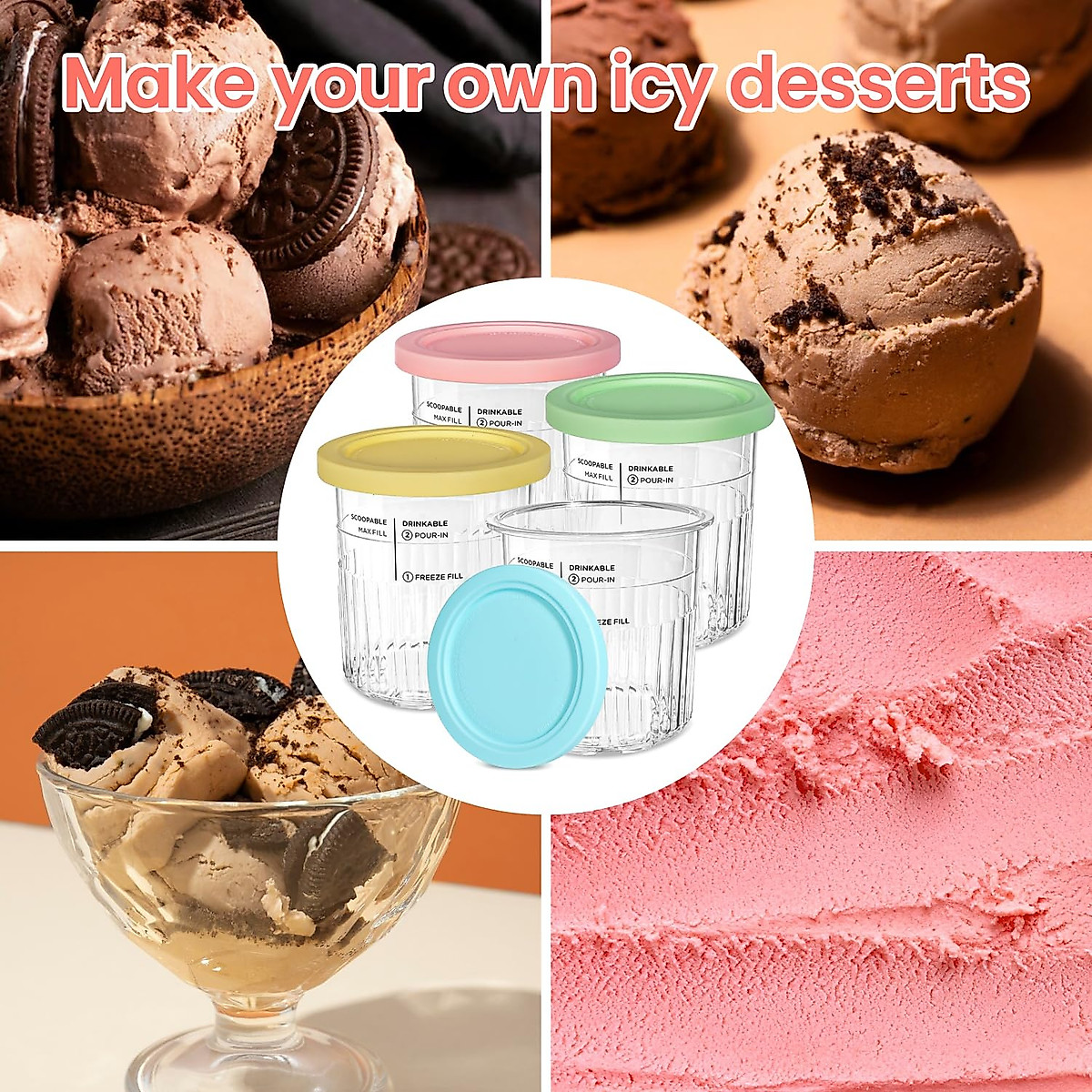 4 Pack-Compatible with NC501 NC500 Ninja Creami Deluxe Pints and Lids, Replacement for Ninja Creami 11-in-1 Series Deluxe Ice Cream Maker, 24oz Cups Dishwasher Safe with 5 Spoons and Insulated Bag