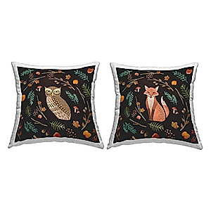 Stupell Industries Cozy Autumn Botanicals Owl & Fox Woodland Creatures Design by Ziwei Li Throw (Set of 2) Pillow, 18 x 18, Multi-Color