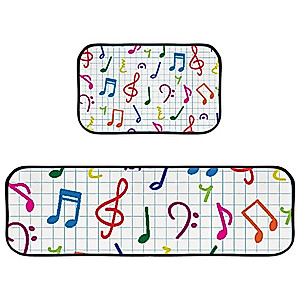 Vantaso Kitchen Floor Mat Rug Music Notes Set of 2 Cushioned Non-Slip Comfort Runner Rugs