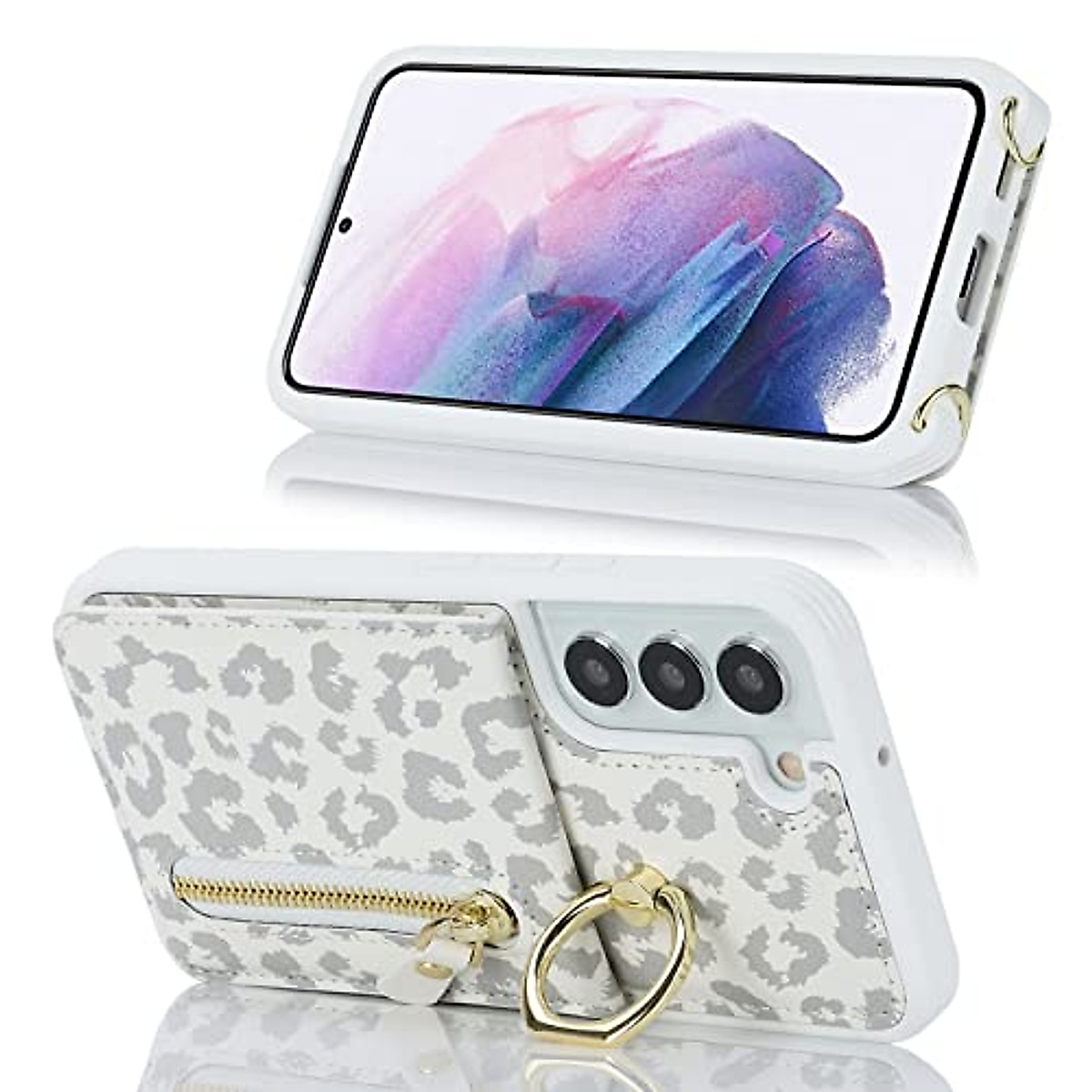 Jaorty for Samsung Galaxy S21 5G Phone Case for Women with Card Holder,Galaxy S21 Case Wallet Crossbody Lanyard with Strap,Credit Card Slots Kickstand Case with Ring Holder,6.2 Inch,White Leopard