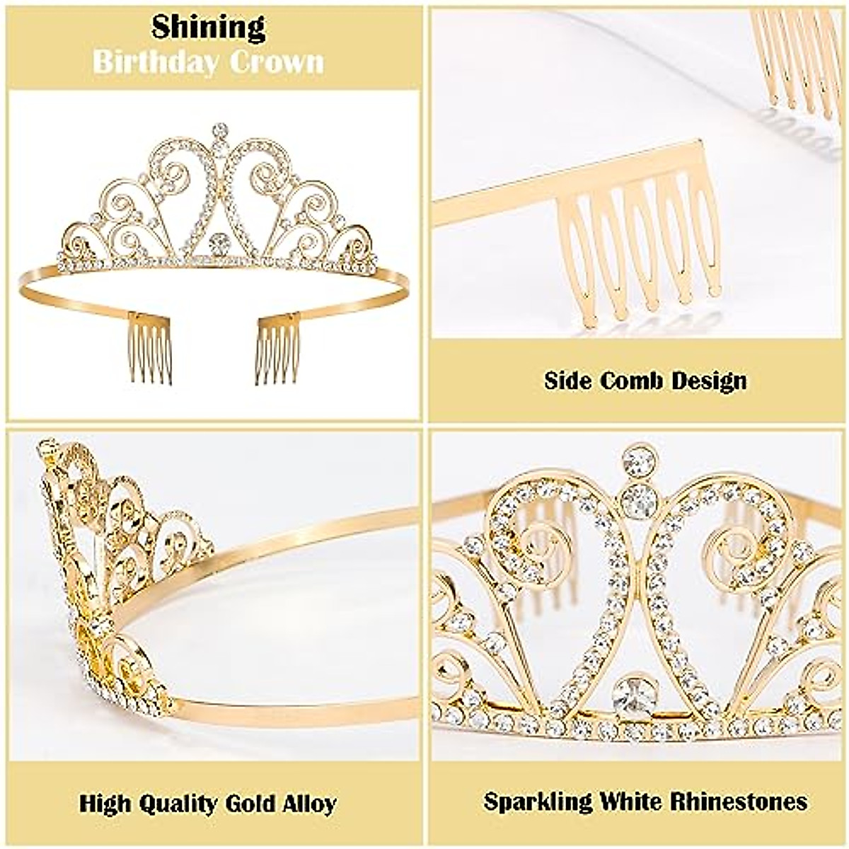 BAHABY Birthday Crown for Women It's My Birthday Sash & Rhinestone Tiara Set Birthday Sash and Tiara for Women Rhinestone Headband for Girl Glitter Crystal Hair Accessories for Party- Gold
