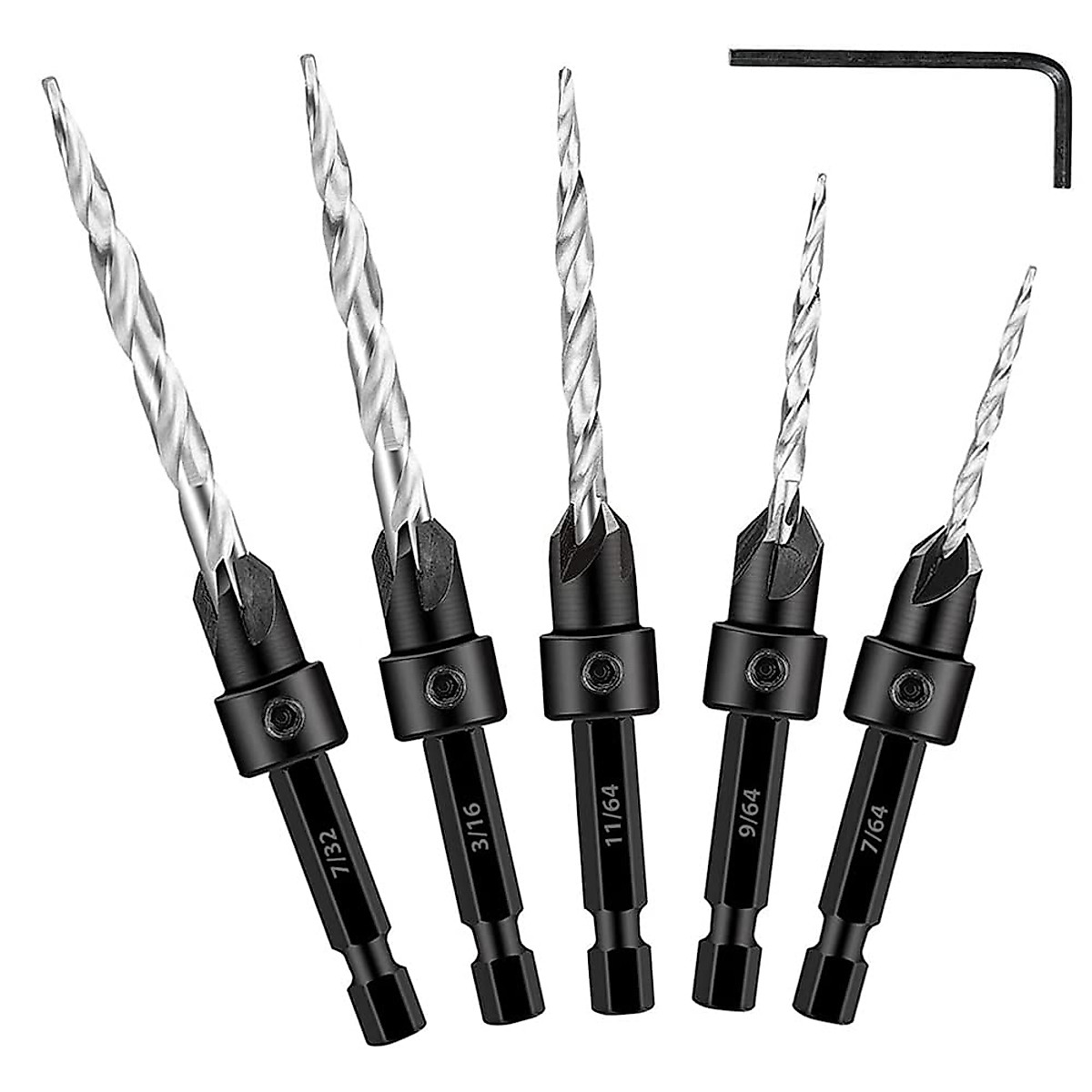 Eyech 5pc Wood Countersink Drill Bit Set Taper Drill Countersink Set 1/4" Hex Shank for Woodworking 7/64 9/64 11/64 3/16 7/32