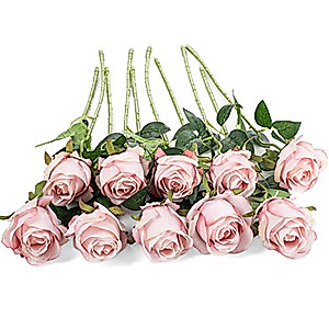 Flojery 10pcs Artificial Rose Flowers Long Stem Fake Silk Roses for DIY Wedding Bouquet Table Centerpiece Home Decor (Light Pink)