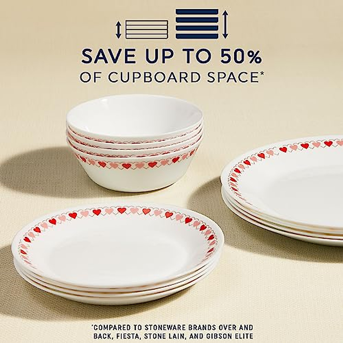 Corelle MilkGlass 12-Pc Dinnerware Set, Service for 4, Durable and Eco-Friendly, Higher Rim Glass Plate & Bowl Set, Microwave and Dishwasher Safe, Hearts