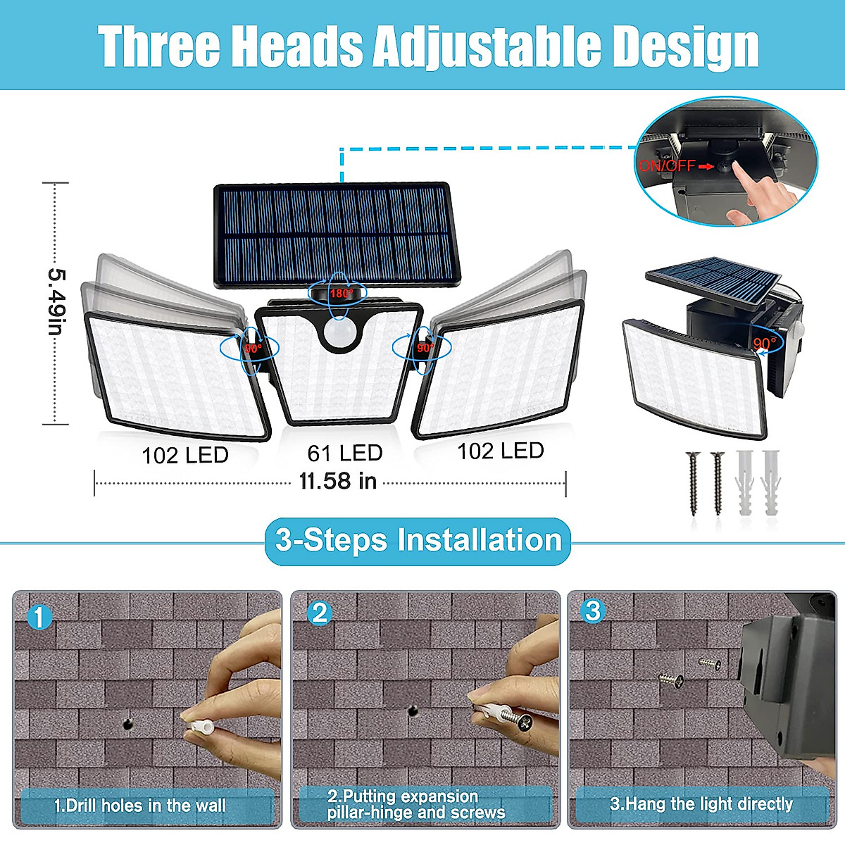 Bebrant Solar Lights Outdoor, 265 LED Solar Motion Sensor Security Lights IP65 Waterproof Solar Flood Lights 360° Adjustable Double-Head Spotlights for Front Door Garden Yard (2 Pack)