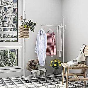 DR.IRON Rolling White Clothing Racks on Wheels,Metal White Clothes Racks with Shelves,Modern Coat Rack freestanding for Organizing Clothes and Shoes,bags,hats