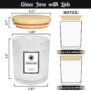 SUPMIND 8oz Embossed Candle Jars for Making Candles, 12 Pack Luxury Clear Candle Jars Bulk Empty Glass Candle Containers with Bamboo Lids, Stickers Labels - Dishwasher Safe