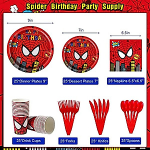 175Pcs Spider Birthday Party Supplies Spider Paper Plates and Napkins Set Disposable Dinner Tableware Plates Napkins Cups Knives Spoons Forks for Spider Kids Birthday Party Decorations Serve 25