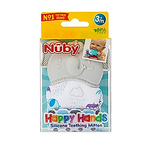 Nuby Happy Hands Silicone Teething Mitten: 3M+, Elephant, Gray (80729)