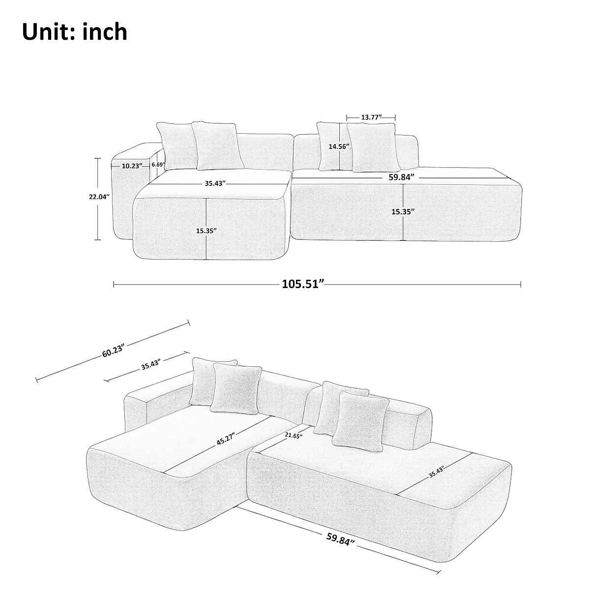 JUSTONE 105.5" Sponge Sectional Sofa Couch for Living Room, Lambswool Fabric Modern L-Shape Sectional Sofa with Chaise Lounge,Cloud Couch, Beige