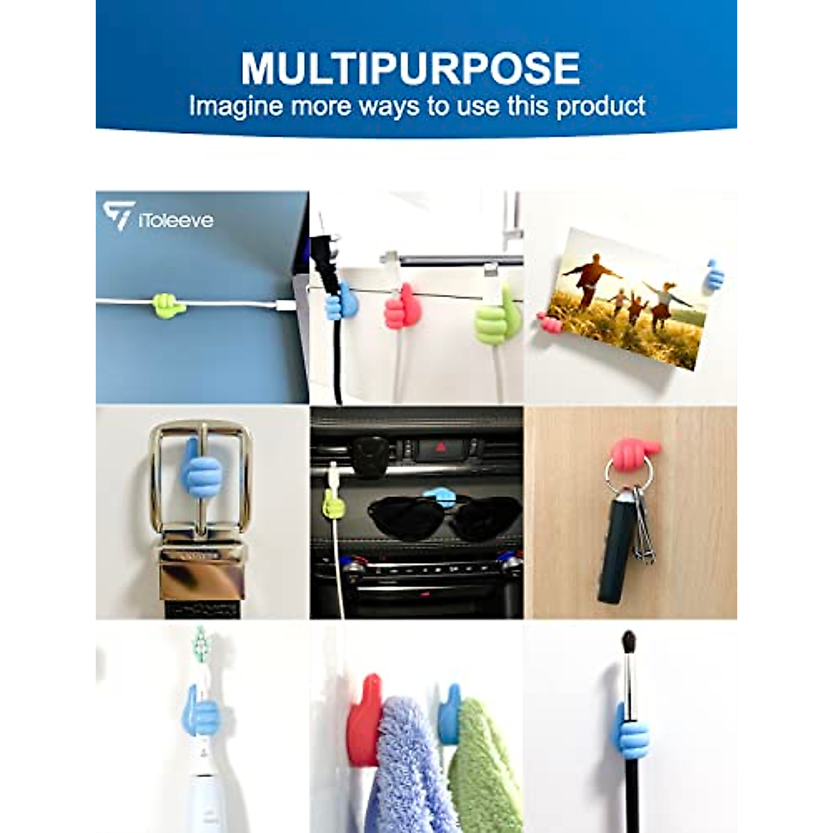 iToleeve 12Pcs Cable Clips, Fun Cord Holders, Silicone Thumb Wall Hooks, Cord Organizer for Desk Wall Car Nightstand, Cord Clips, Wire Holders, Phone USB Charger Cable Management, Key Hanger