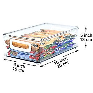 Youngever 2 Pack Stackable Plastic Storage Organizer Container Bins with Lids, Stackable Storage Bins with Handler for Refrigerator, Pantry (10" x 6" x 3")