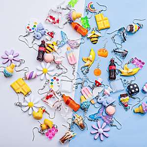 28 Pairs Weird Cute Earrings Funny Kawaii Indie Funky Earrings Including Gummy Bear Water Bottle Food Mushroom Boba Tea Earrings Goldfish Flowers Dangle Earrings for Women