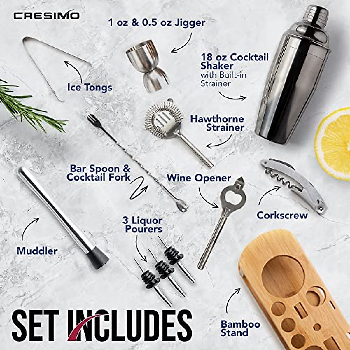 Cocktail Shaker Set: 12-PC Drink Shakers Cocktail with Bamboo Stand - Ultimate Home Bar Kit & Martini Shaker Set - Bar Set, Cocktail Mixer, Bartender Kit, Bar Tools - Cresimo Cocktail Set