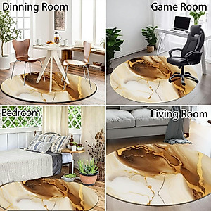 Round Rug 4ft for Kitchen Living Room Bedroom Dining Room Table Outdoor Entryway Washable Large Carpet Circular Circle Area Rug Luxury Brown and Gold Marble Abstract Premium Italian Glossy