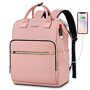 Ytonet Pink Laptop Backpack for Women, 15.6 Inch Anti theft Backpack with USB Charging Port, Water Resistant Travel Carry On Backpack with Laptop Compartment for Work/Nurse/Teacher, Pink