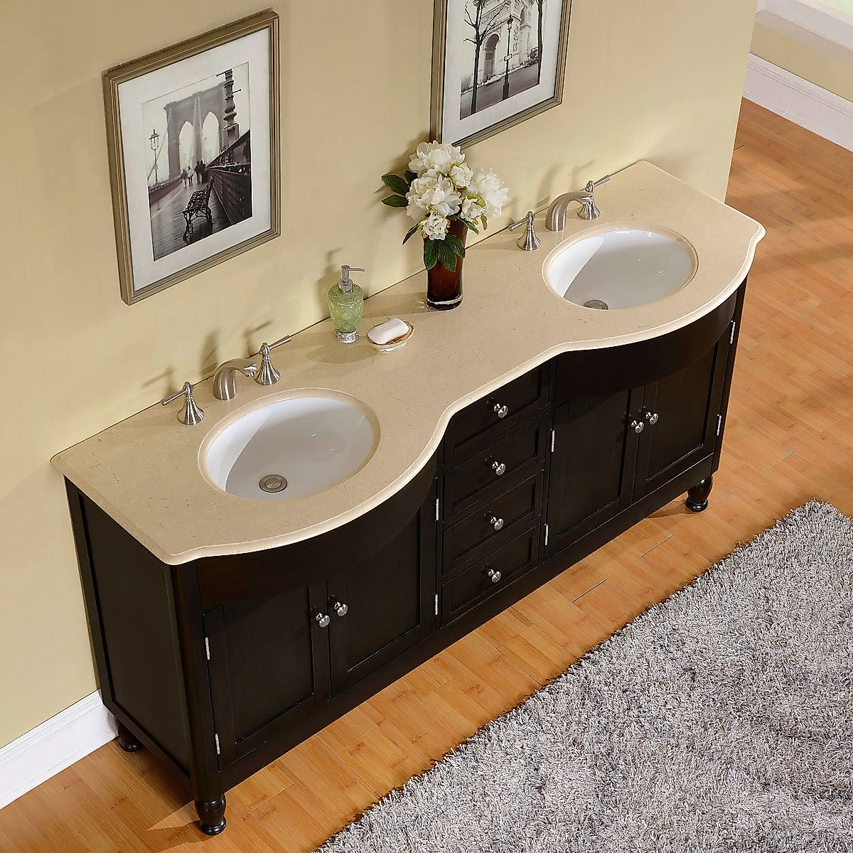 Silkroad Exclusive HYP-0717-CM-UWC-72 Cream Marfil Marble Stone Top Double Sink Bathroom Vanity with Cabinet, 72", Brown