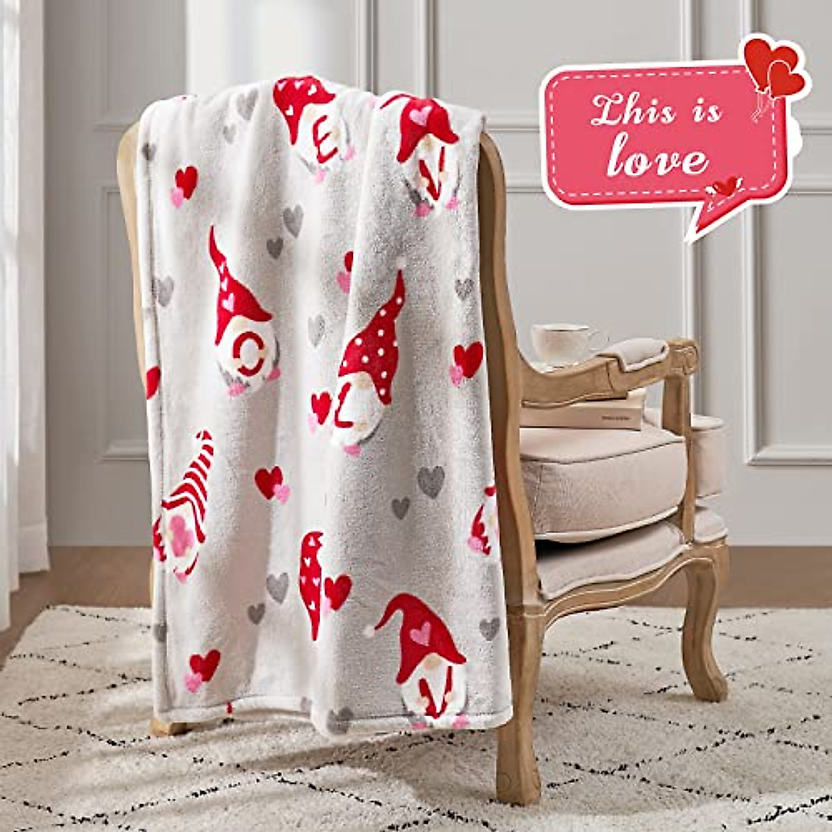 Cozy Bliss Gnome Throw Blanket with Hearts Mothers Day Birthday Gift Gnome Pattern Luxury Milky Plush, Ultra Soft & Lightweight Textured Throw Blanket for Couch, Sofa Bed (Gnome Love, 50" x 60")