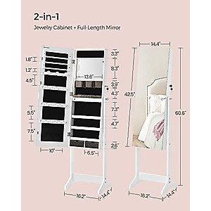 SONGMICS Mirror Jewelry Cabinet Standing Armoire Organizer, Jewelry Storage with Full-Length Frameless LED Lights, Built-in Makeup Mirror, 2 Drawers, Lockable, White UJJC023W01