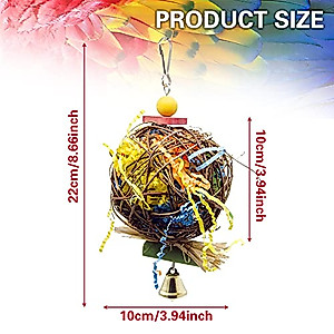 Zomine 2 Pack Hanging Bird Chewing Takraw Toys - DIY Foraging Shredder Toy Natural Bird Toy Accessories Hand Woven with Bell Easy to Install Suitable for Small or Medium Birds