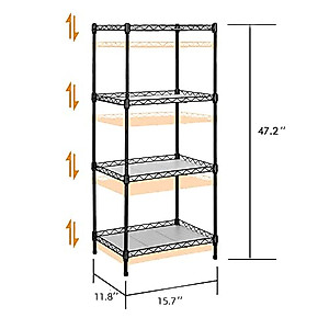 Best 4-Tier Wire Shelving - Black - Heavy Duty Shelf - Kitchen Storage Shelves, Wire Shelving Unit with Baskets Storage Rack Corner Shelf Shelving Adjustable Storage Shelf, 11.8" D x 15.7" W x 47" H