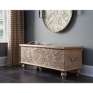 Signature Design by Ashley Fossile Ridge Boho Carved Wood Storage Bench with Hinge Top, Beige