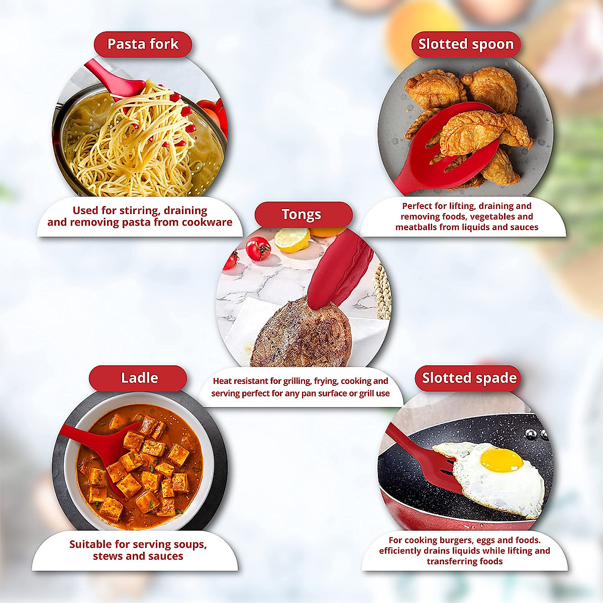 K & G Silicone Cooking Utensils Set 11 pcs red kitchen utensils set with holder, spatula, whisk, tongs, soup ladle, silicone spoon & more. Non-stick, dishwasher safe, odorless, cookware set friendly