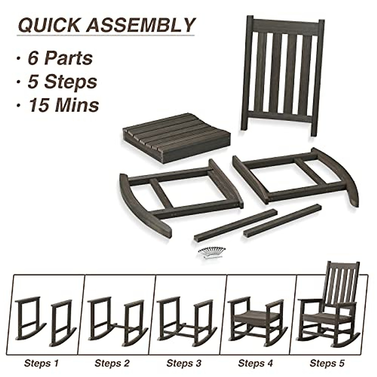 ACUEL Rocking Chair Outdoor, Oversize HDPE Patio Rocker Chairs, Weather Resistant 350lbs Heavy Duty Rocking Chair with High Back for Backyard, Porch, Fire Pit, Garden and Indoor (Dark Brown)