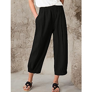 Bozanly Womens Summer Capri Pants Elastic Waist Cotton Linen Yoga Cropped Pants Trousers(0520-Black-XL)