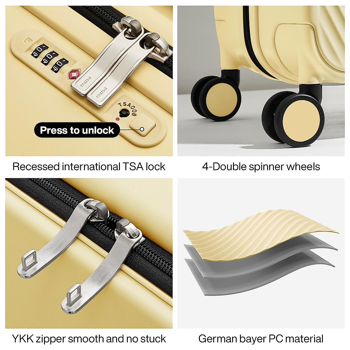 mixi Carry On Luggage Airline Approved 20'' Lightweight Luggage Wide Handle PC Hardshell Suitcases with Spinner Wheels & TSA Lock, Lark Yellow