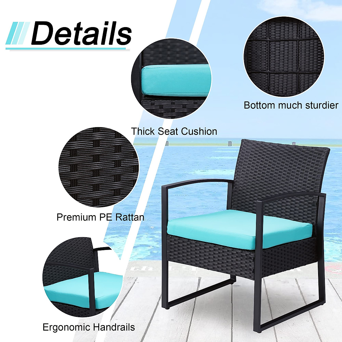 Skyfish 3 Pieces Patio Furniture Set Outdoor Wicker Patio Bistro Set Conversation Rattan Chair Set 3 PCS with Coffee Table for Yard & Bistro (Blue)