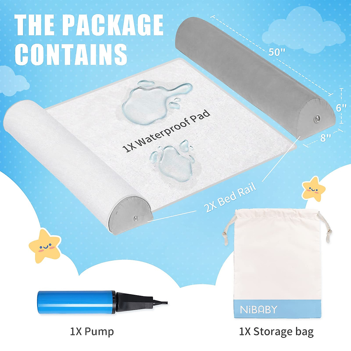 NiHome Inflatable Bed Rails for Toddlers 2PCS with Pump Waterproof Pad Non-Slip Bed Rail for Toddlers Portable Travel Bed Rail for King Queen Full Twin Bed Safety Gard for Kids Adults Elderly (Gray)