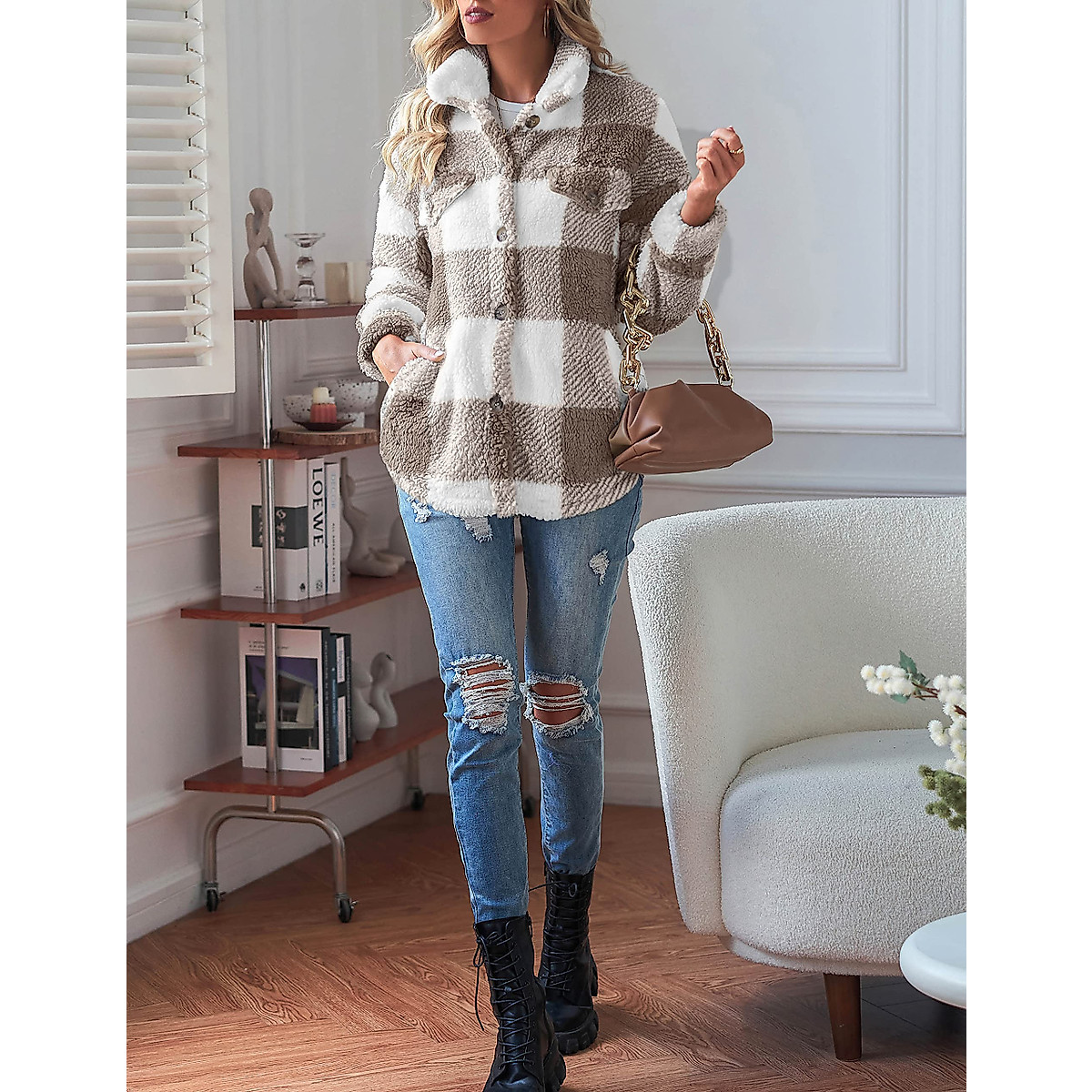 MEROKEETY Womens Plaid Long Sleeve Button Down Fleece Shacket Jackets Sherpa Teddy Coat with Pockets, Khaki, S