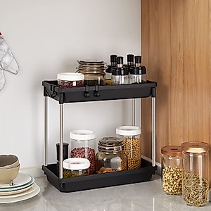 Lifewit Under Sink Organizer, 2 Tier Shelf Rack with 4 Hooks for Bathroom Cabinet Kitchen Countertop Office Holder Storage, Multi-purpose Baskets Holder for Space Saving, Easy Assembly, Black