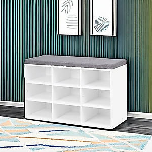 DINZI LVJ Shoe Storage Bench with Cushion, Cubby Shoe Rack with 9 Cubbies, Adjustable Shelves, Multifunctional Shoe Organizer Bench for Entryway, Mudroom, Hallway, Closet and Garage, White